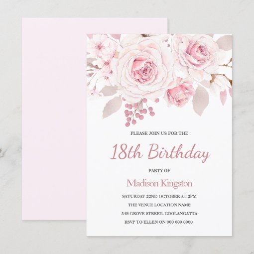 Pink Blush Roses Elegant Girls 18th Birthday Party Invitation | Zazzle