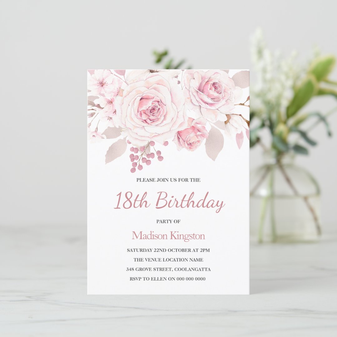 Pink Blush Roses Elegant Girls 18th Birthday Party Invitation | Zazzle