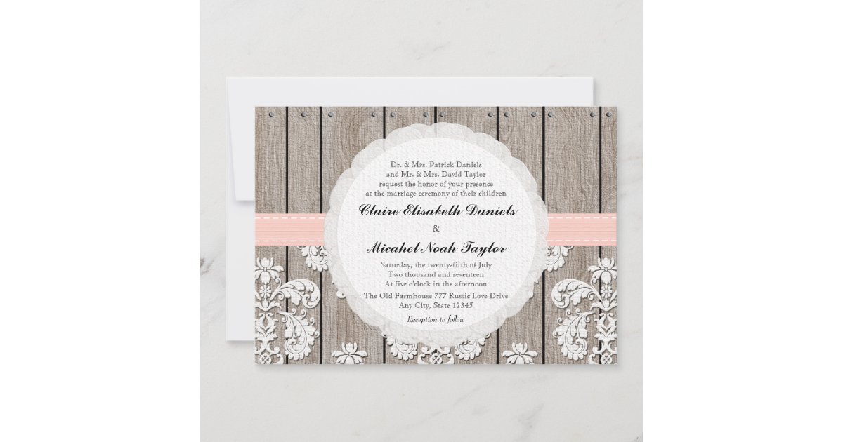 Pink Blush Rustic Wood Lace Wedding Invitations | Zazzle