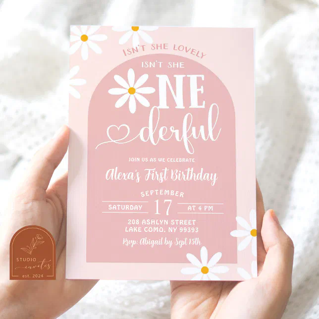 Pink Boho Arch Daisy Onederful First Birthday Invitation | Zazzle