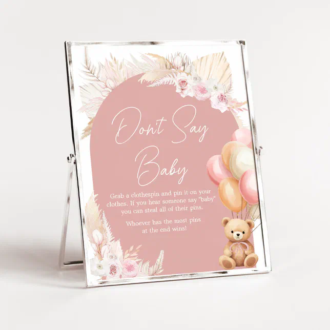 Pink Boho Bear Balloon Baby Shower Don't Say Baby Poster | Zazzle