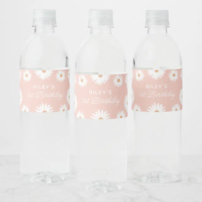 Pink Boho Daisy Birthday Party Water Bottle Label | Zazzle