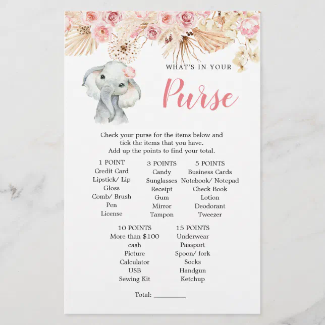 Pink Boho Elephant Girl Baby Shower Purse Game | Zazzle