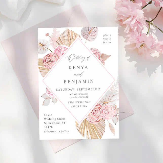 Pink Boho Floral Wedding Invitation | Zazzle
