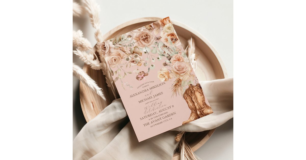 Pink Boho Floral Western Wedding Invitation | Zazzle