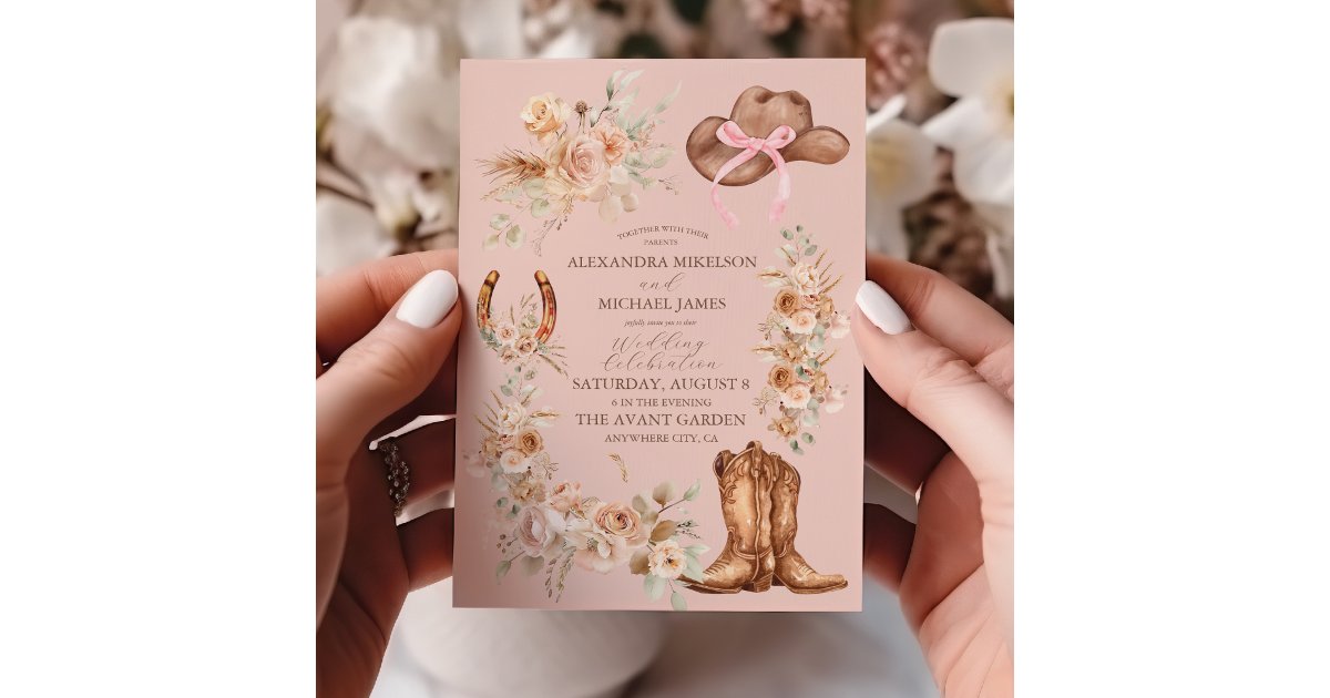 Pink Boho Floral Western Wedding Invitation | Zazzle