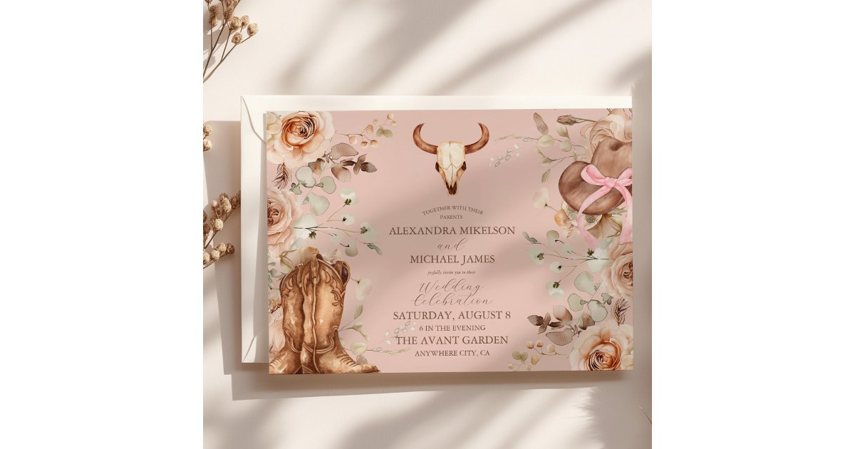 Pink Boho Floral Western Wedding Invitation | Zazzle