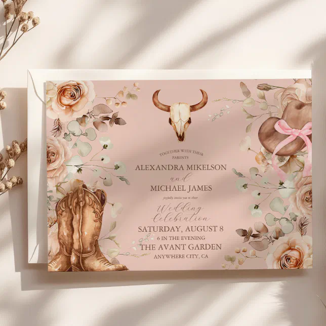 Pink Boho Floral Western Wedding Invitation | Zazzle