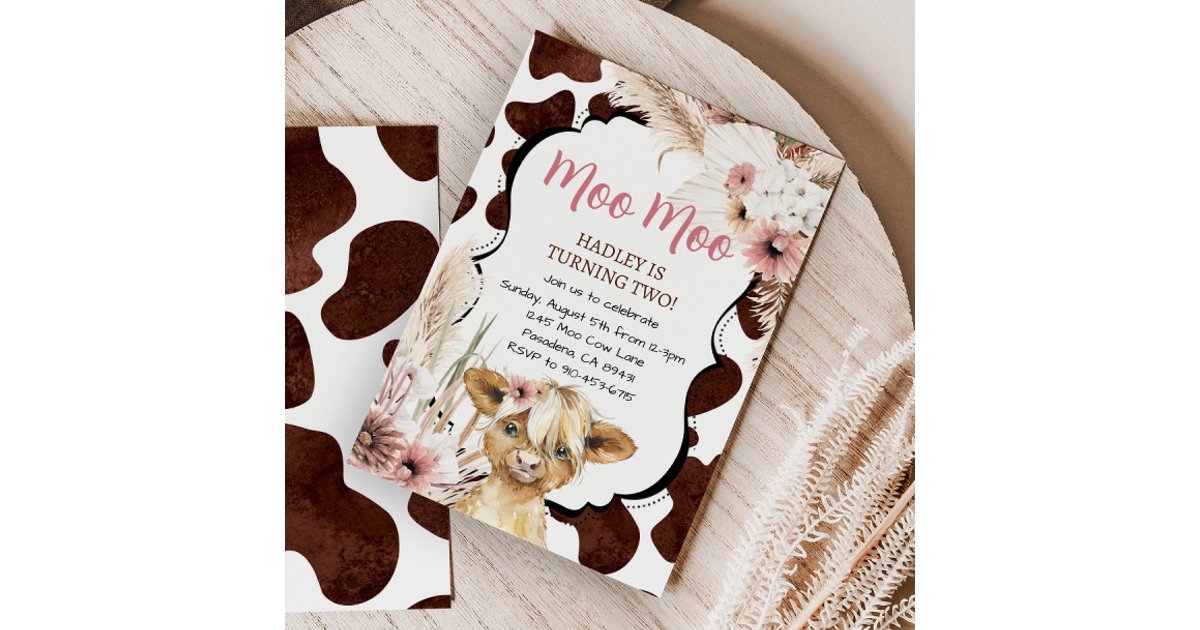 Pink Boho Highland Cow Birthday Invitation | Zazzle