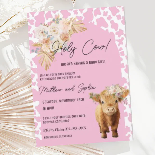 Pink Boho Holy Cow Girl Baby Shower Invitation | Zazzle
