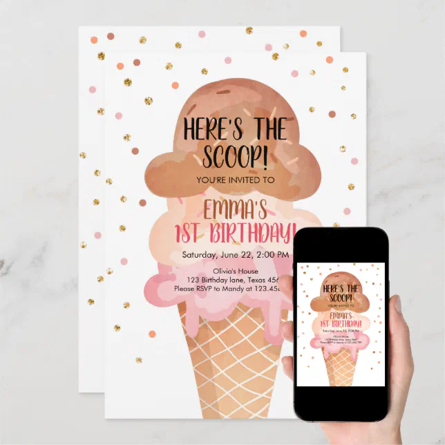 Pink Boho Ice Cream Cone Confetti Birthday Invite | Zazzle