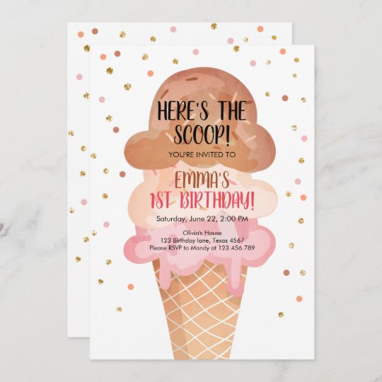 Pink Boho Ice Cream Cone Confetti Birthday Invite | Zazzle.com