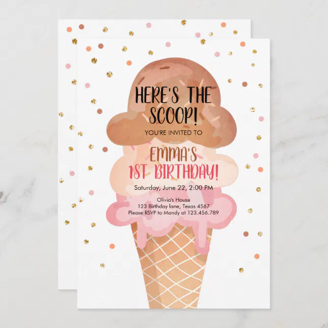Pink Boho Ice Cream Cone Confetti Birthday Invite | Zazzle