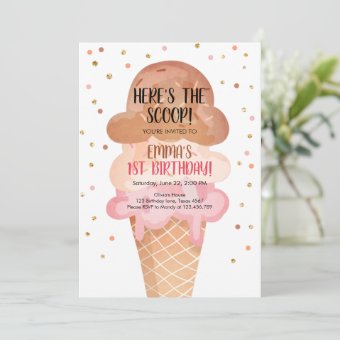 Pink Boho Ice Cream Cone Confetti Birthday Invite | Zazzle