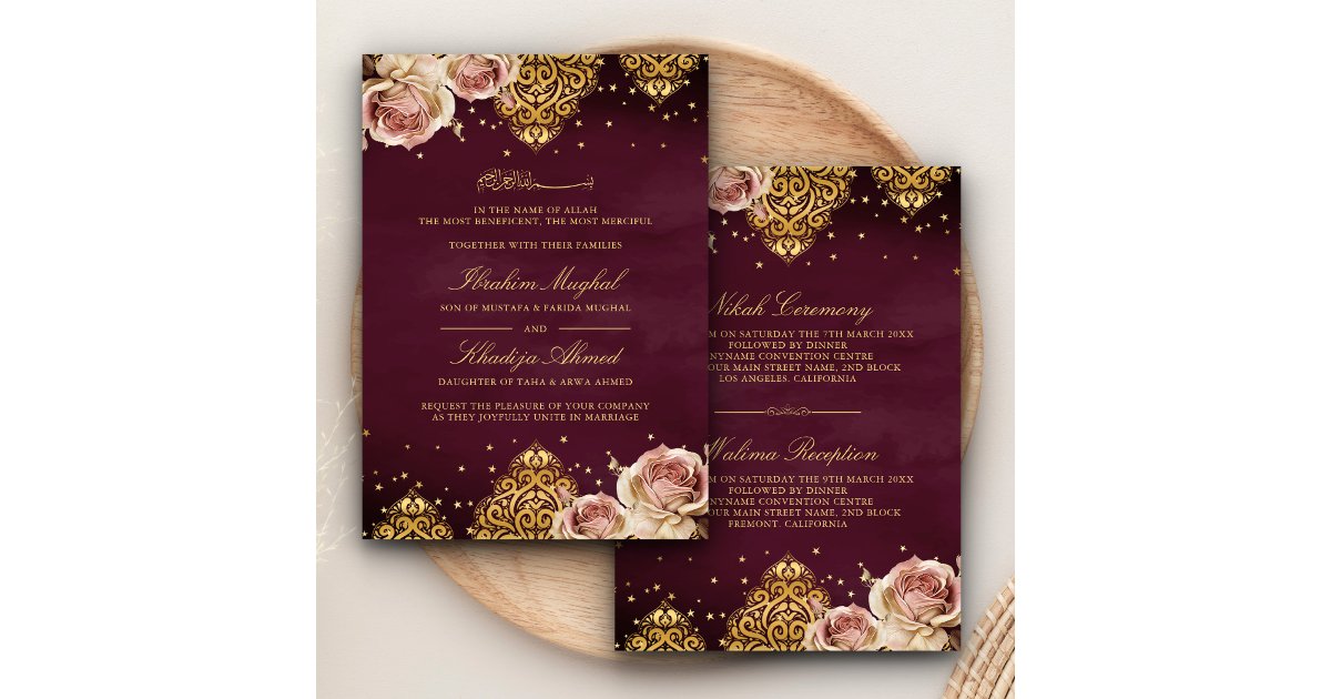 Pink Boho Rose Islamic Motif Plum Muslim Wedding Invitation | Zazzle