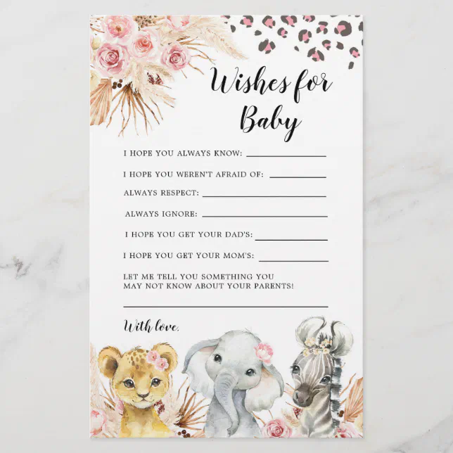 Pink Boho Safari Party Animals Wishes for Baby | Zazzle