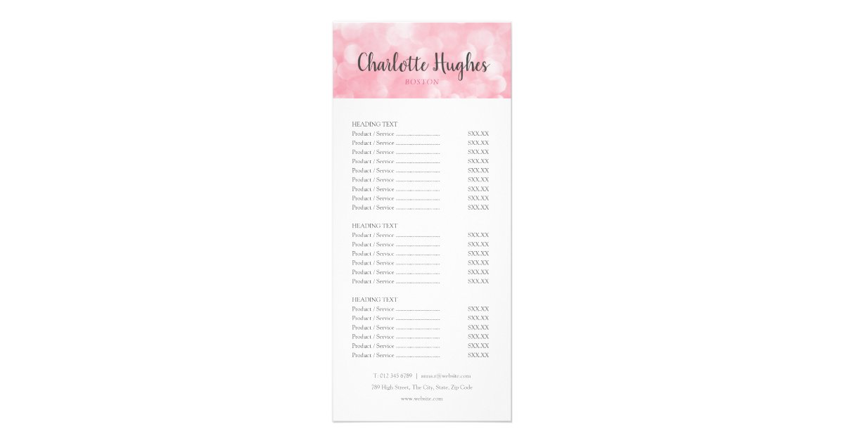 Pink Bokeh Salon Service Menu | Zazzle