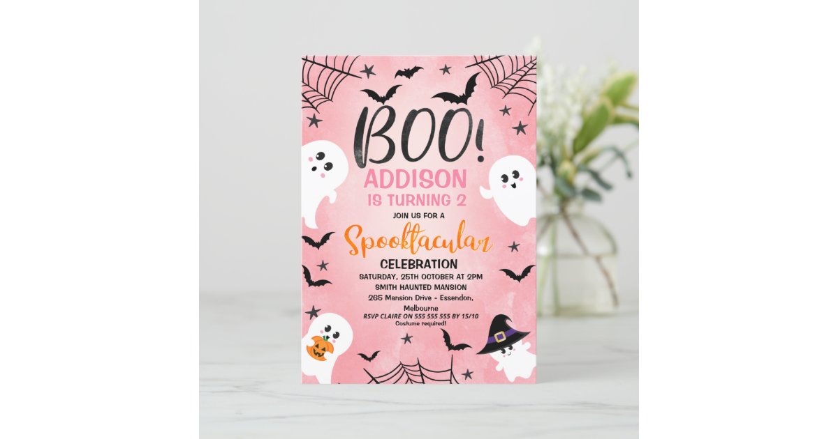 Pink Boo Girls Halloween Party Birthday Invitation | Zazzle