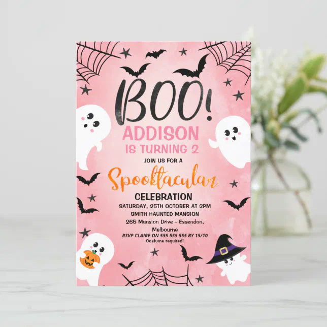 Pink Boo Girls Halloween Party Birthday Invitation | Zazzle