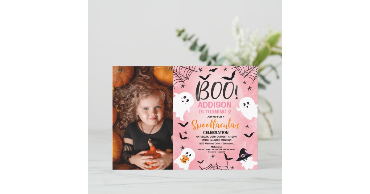 Pink Boo Girls Halloween Party Photo Birthday Invitation | Zazzle