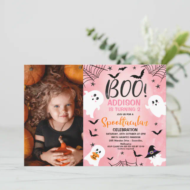 Pink Boo Girls Halloween Party Photo Birthday Invitation | Zazzle