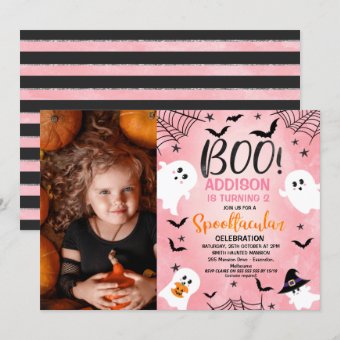 Pink Boo Girls Halloween Party Photo Birthday Invitation | Zazzle