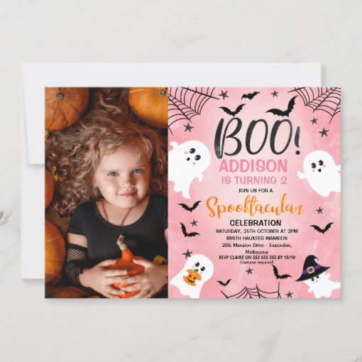 Pink Boo Girls Halloween Party Photo Birthday Invitation | Zazzle