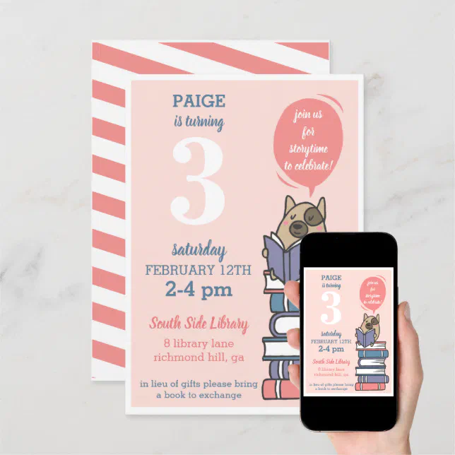 Pink Book Birthday Party Reading Invitation | Zazzle