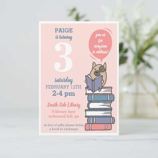 Pink Book Birthday Party Reading Invitation | Zazzle