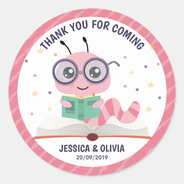 Pink Bookworm Book Baby Shower Classic Round Sticker | Zazzle