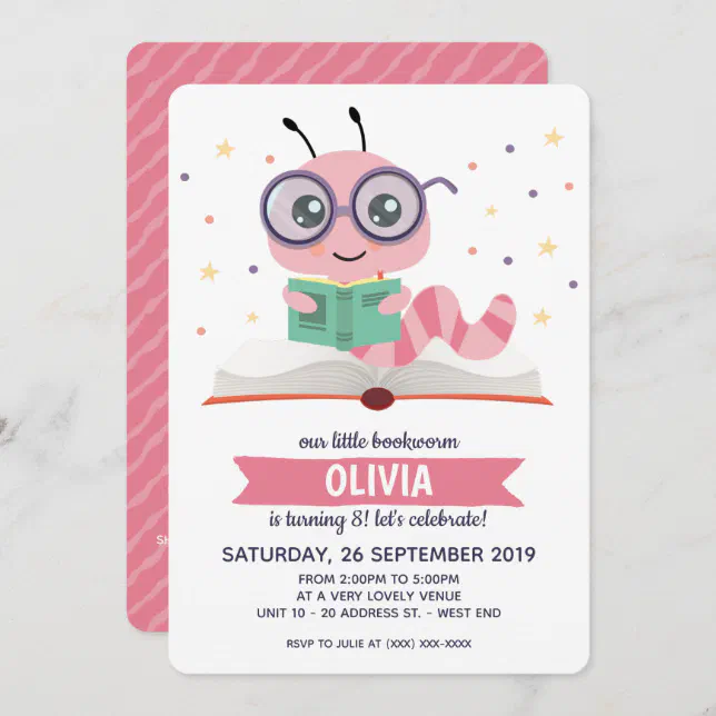 Pink Bookworm Book Birthday Party Invitation | Zazzle