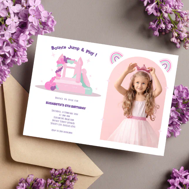 Pink Bounce House Castle Birthday Photo Invitation | Zazzle