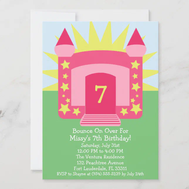 Pink Bounce On Over Bounce House Birthday Party Invitation | Zazzle