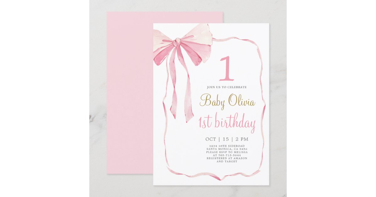 Pink Bow 1st Birthday Invitation | Zazzle