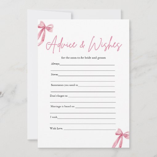 Pink Bow Advice and Wishes Bridal Shower Game Invitation | Zazzle