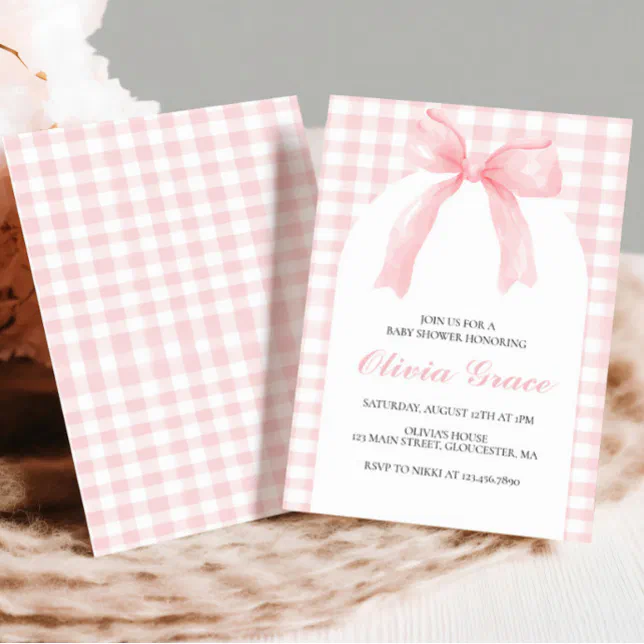 Pink bow and gingham preppy baby shower invitation | Zazzle