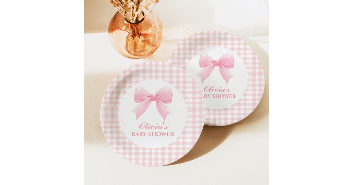 Pink bow and gingham preppy baby shower paper plates | Zazzle