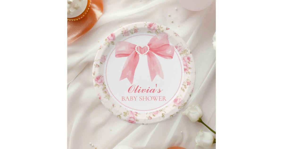Pink bow and roses preppy baby shower paper plates | Zazzle