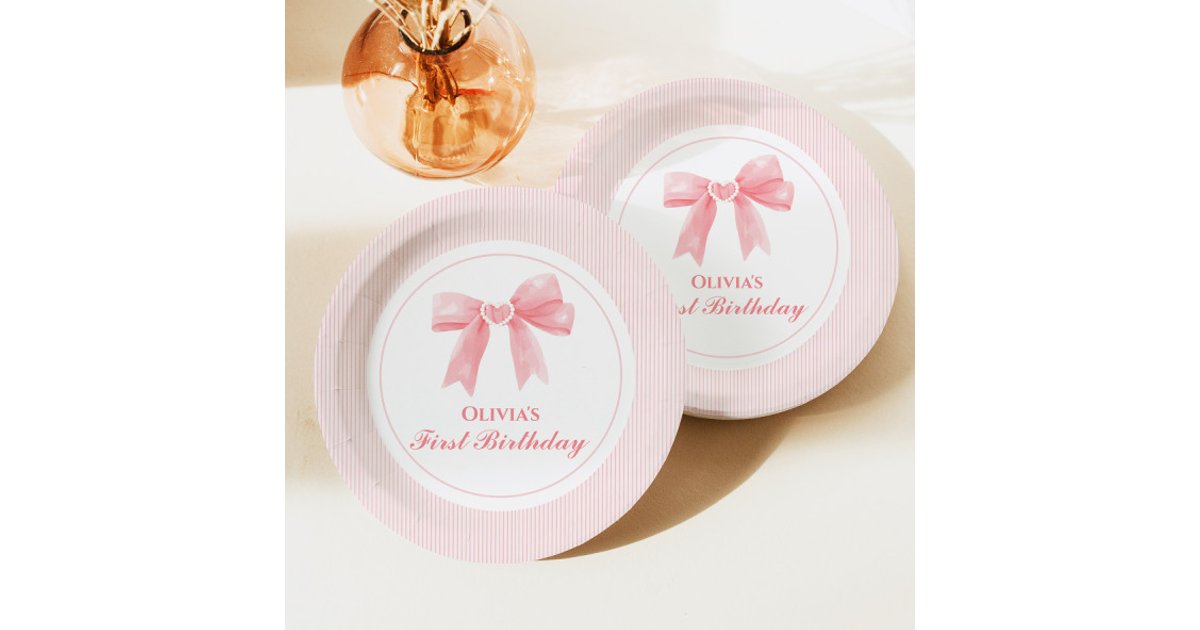 Pink Bow and Stripes Coquette 1st birthday Paper Plates | Zazzle
