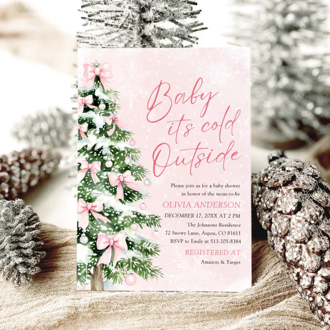Pink Bow Baby It's Cold Outside Baby Shower Invitation | Zazzle