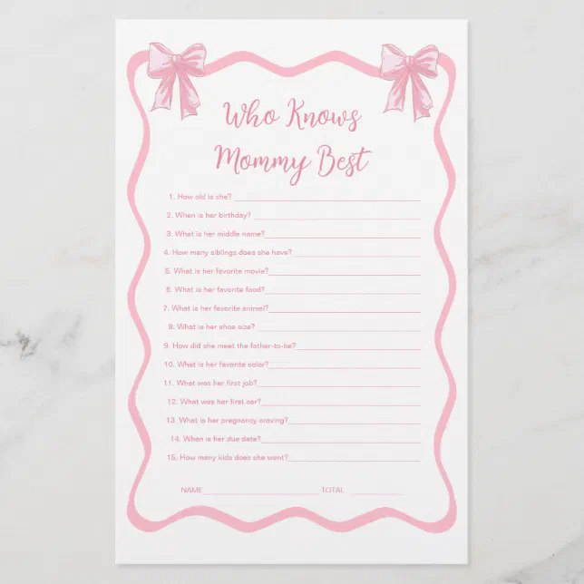 Pink Bow Baby Shower Game Who Knows Mommy Best | Zazzle