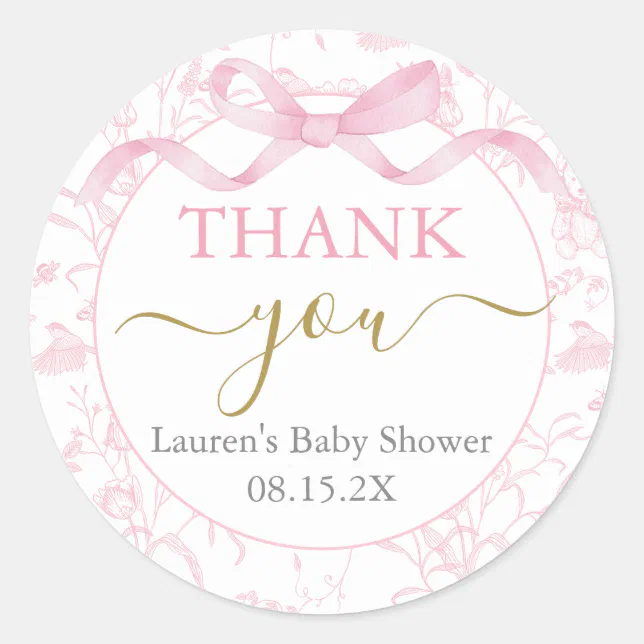 Pink Bow Baby Shower Girl Classic Round Sticker | Zazzle