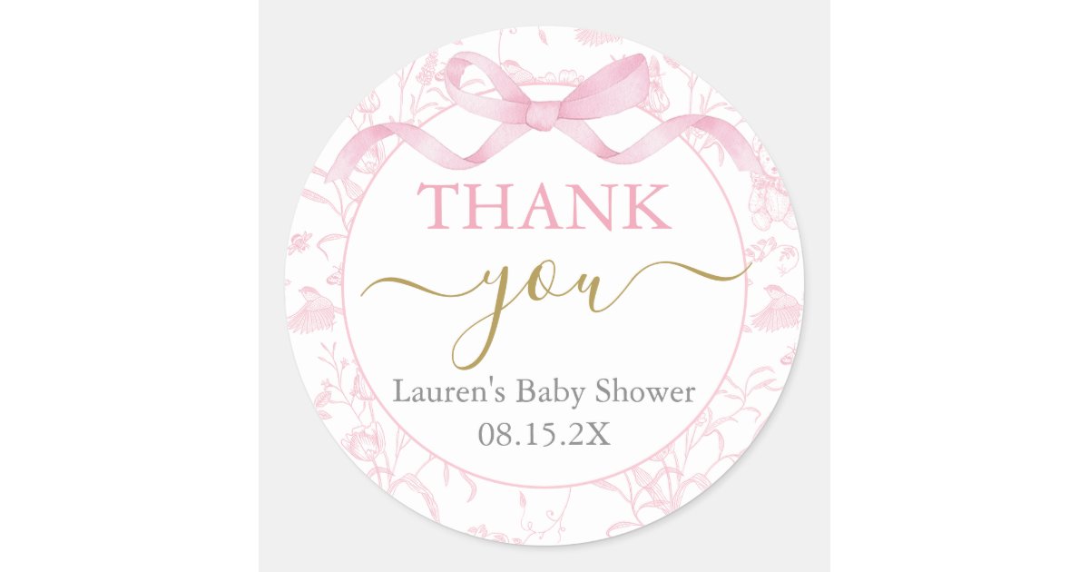 Pink Bow Baby Shower Girl Classic Round Sticker | Zazzle