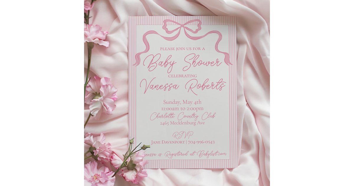 Pink Bow Baby Shower, Pink Ribbon Invitation | Zazzle