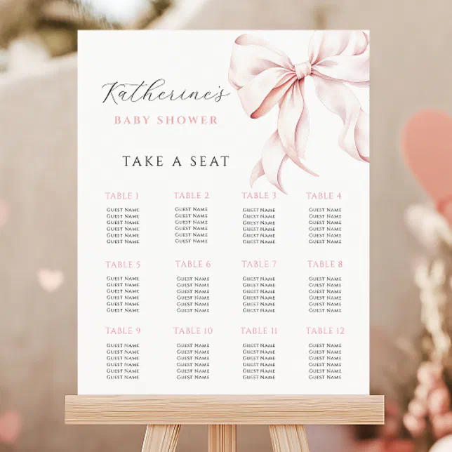 Pink Bow Baby Shower Seating Chart Foam Board | Zazzle