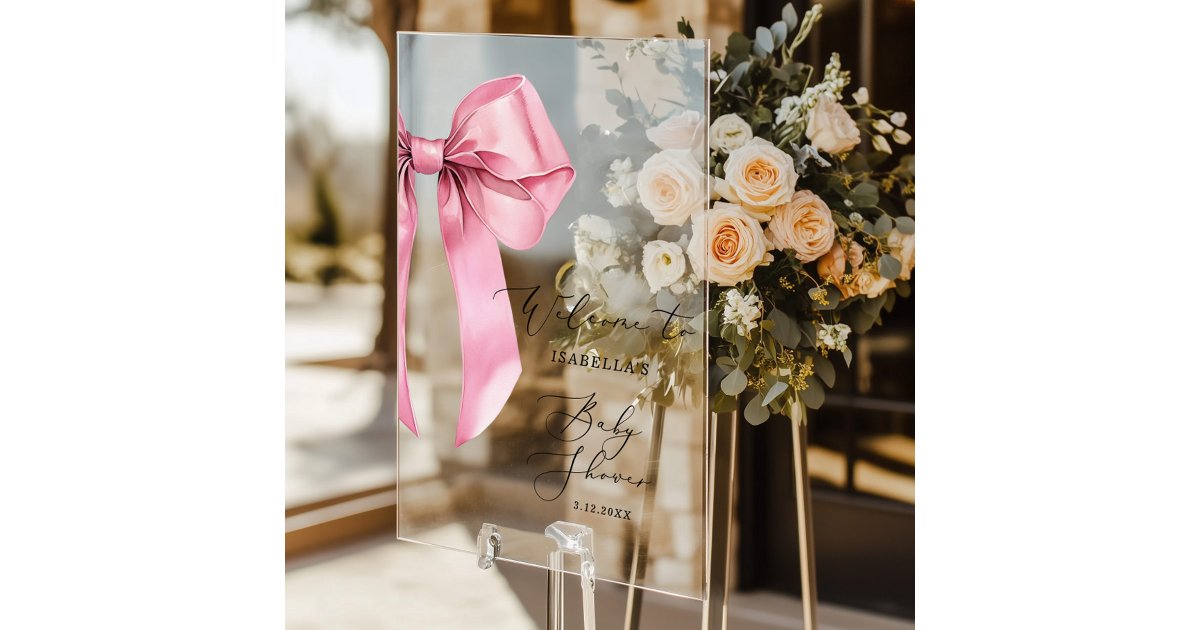 Pink Bow Baby Shower Welcome Acrylic Sign | Zazzle