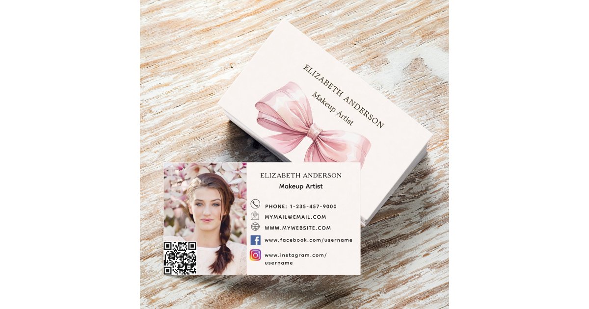 Pink bow beige cream qr code social media photo business card | Zazzle
