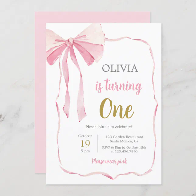 Pink Bow Birthday Girl Invitation | Zazzle