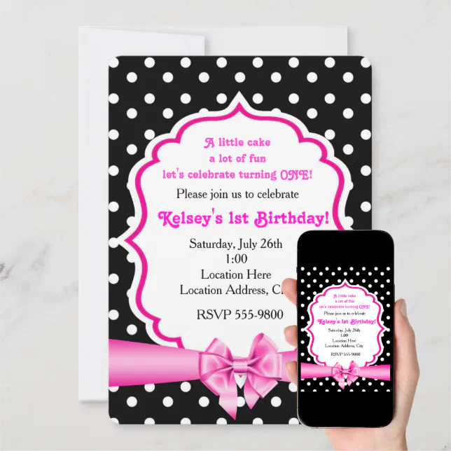 Pink Bow Black White Polka Dot Party Invitation | Zazzle