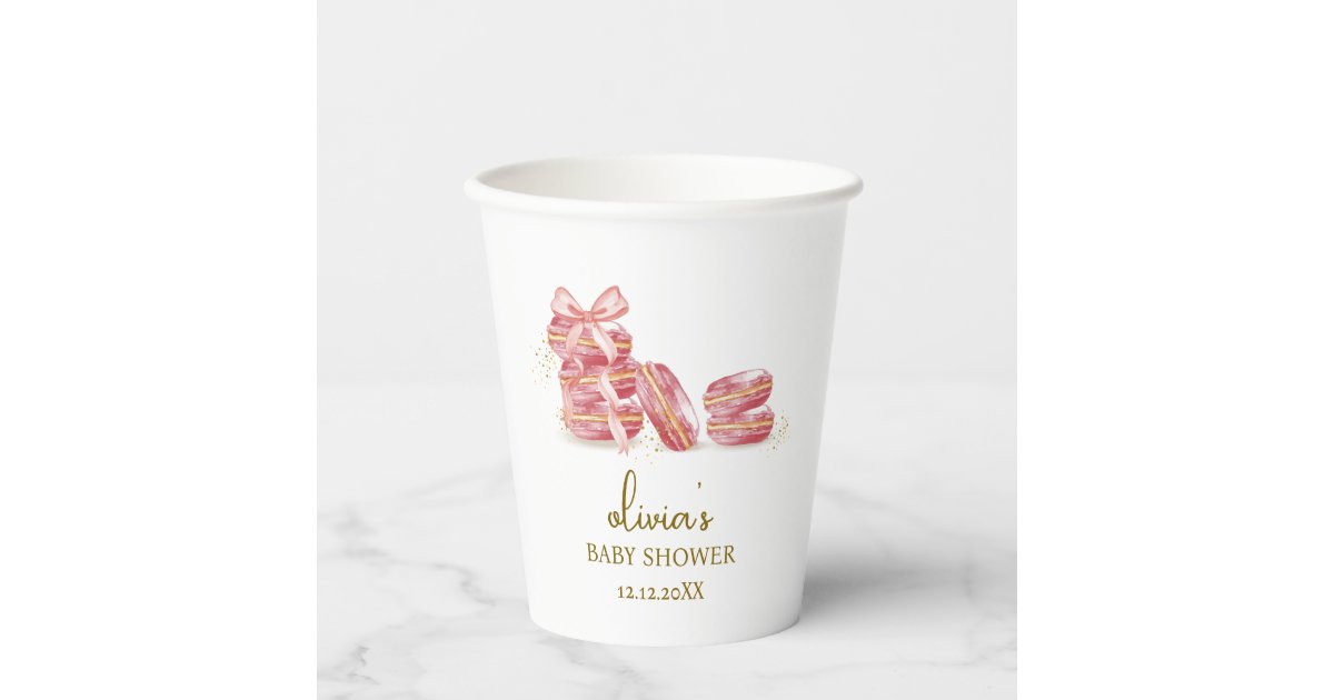 Pink Bow Bonjour Bébé French Macarons Baby Shower Paper Cups | Zazzle